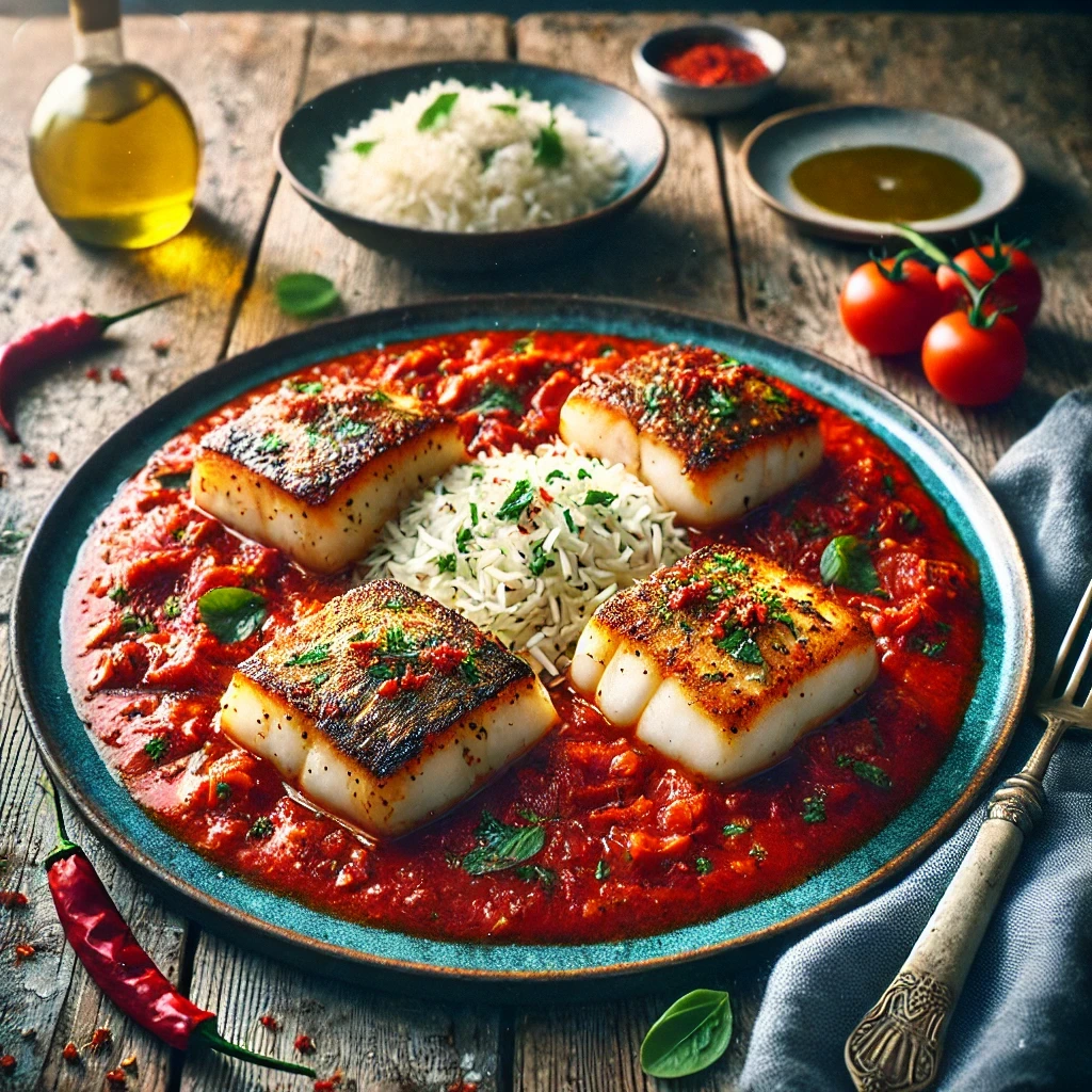 "Pan-Seared Mediterranean Cod in Tomato Basil Sauce" - fuegorecipes.com