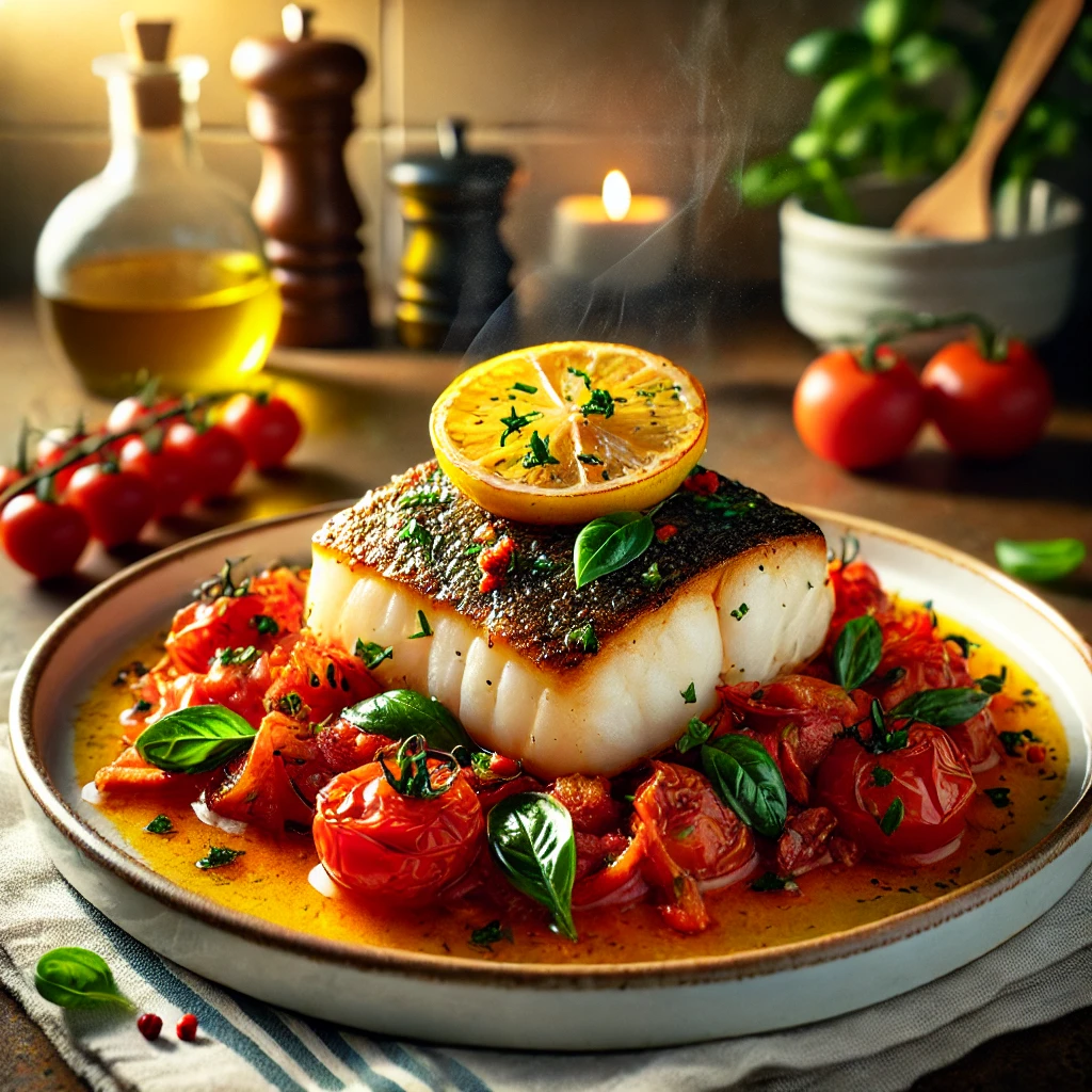 "Pan-Seared Mediterranean Cod in Tomato Basil Sauce" - fuegorecipes.com